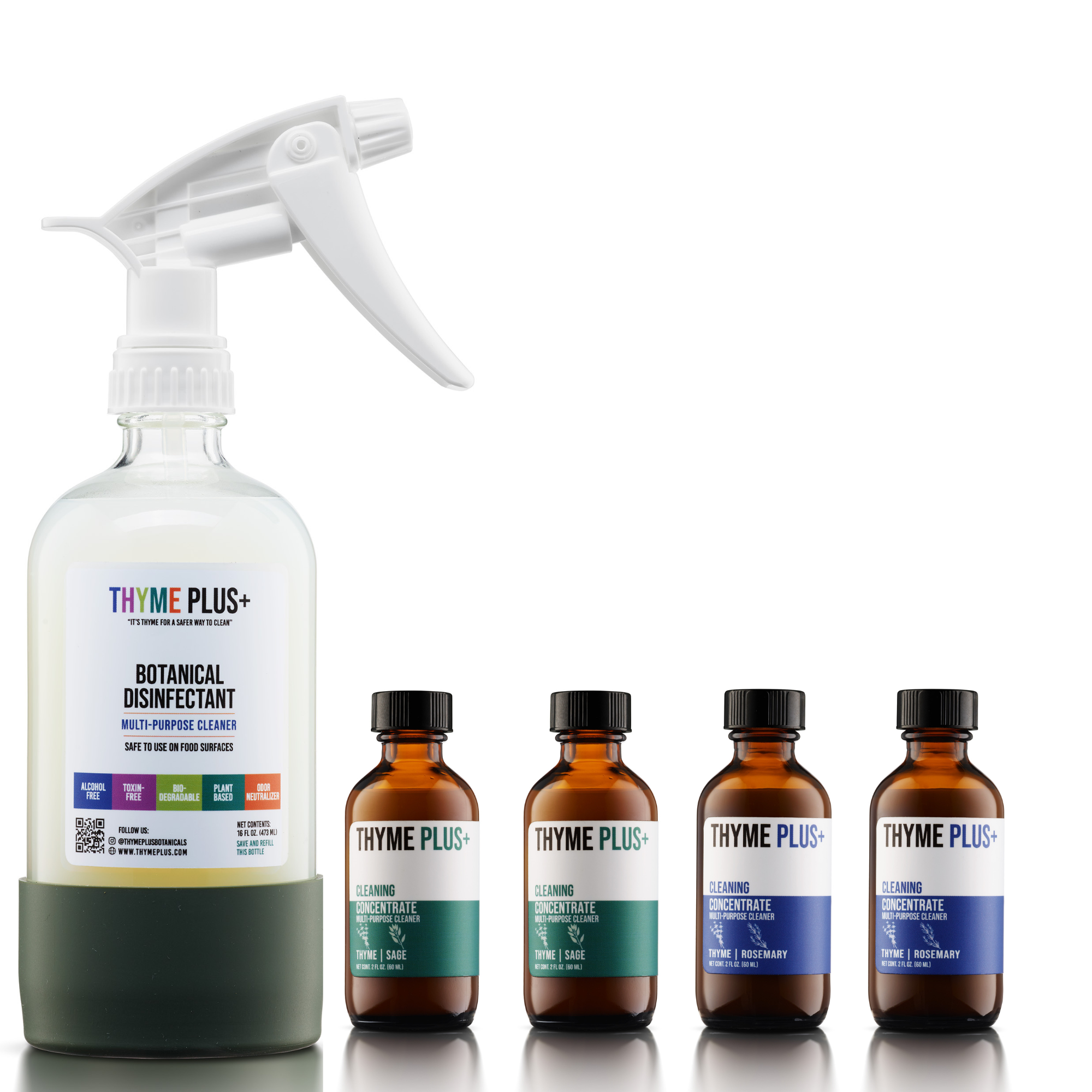 Thyme Plus+ Botanical Disinfectant Concentrate Variety Set with Reusable Glass Spay Bottle ...