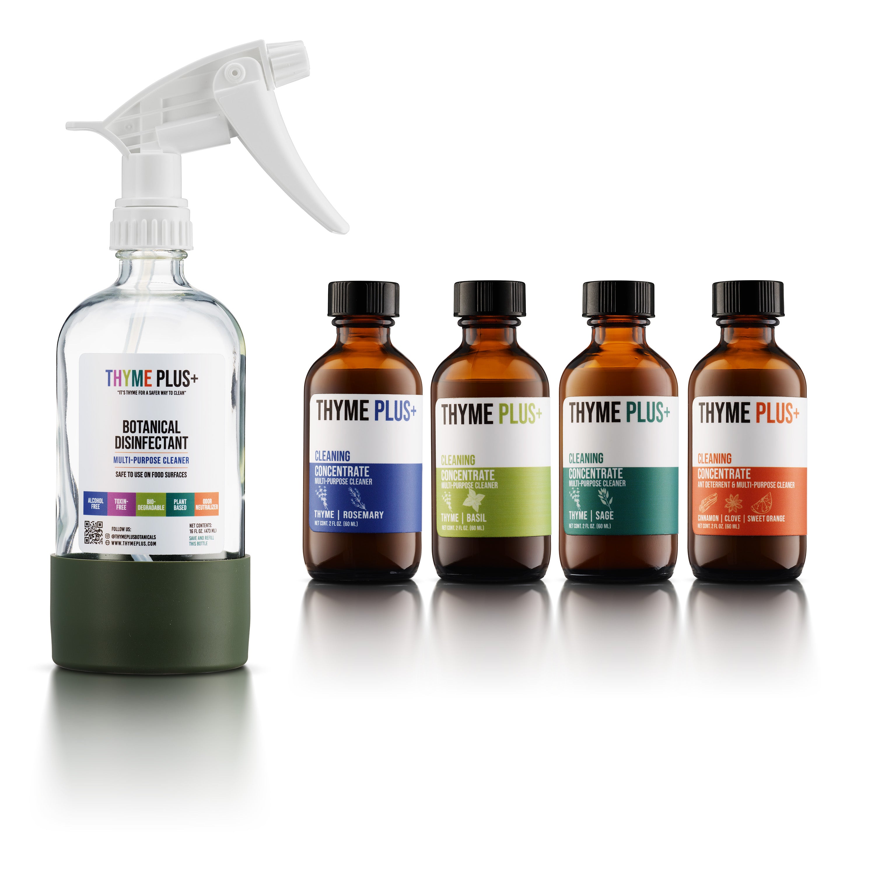 Thyme Plus+ Botanical Disinfectant Concentrate Variety Set with Reusable Glass Spay Bottle ...